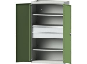 4014641095444 - eurokraft pro Schwerlastschrank aus Stahl 3 Fachböden 2 Schubladen 180 mm hoch lichtgrau resedagrün