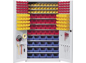 4250633310892 - mauser Großraumschrank 10 Fachböden 158 Sichtlagerkästen lichtgrau RAL 7035