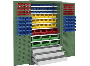 4250633311257 - mauser Großraumschrank 9 Fachböden 142 Sichtlagerkästen 3 Schubladen resedagrün