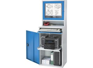 4061753033390 - eurokraft pro Computer-Arbeitsstation Stahlblech HxB 1770 x 650 mm mit Monitorgehäuse Türfarbe Lichtblau