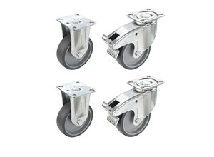 4250615287679 - Set aus thermoplastischen Gummireifen mit Montageplatte 2 Lenkrollen mit Doppelstopp und 2 Bockrollen Rad-Ø x Breite 75 x 25 mm Proroll