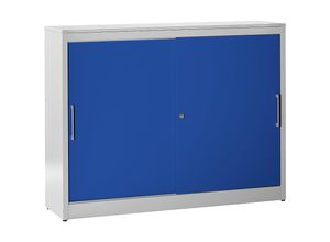 4250633303337 - mauser Schiebetürschrank Sideboard 4 Fachböden Mitteltrennwand HxBxT 1240 x 1600 x 420 mm lichtgrau   ultramarinblau