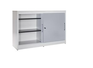 4250633324684 - mauser Schiebetürschrank Sideboard 4 Fachböden Mitteltrennwand HxBxT 1040 x 1600 x 420 mm lichtgrau   weißalu