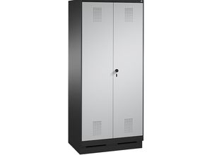 4059096752436 - EVOLO Raumpflege- Geräteschrank verkürzte Trennwand 6 Haken Abteile 2 x 400 mm mit Sockel schwarzgrau   weißaluminium