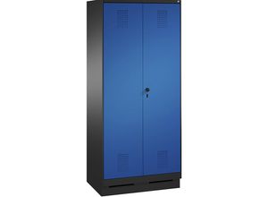 4056211477755 - EVOLO Raumpflege- Geräteschrank verkürzte Trennwand 6 Haken Abteile 2 x 400 mm mit Sockel schwarzgrau   enzianblau