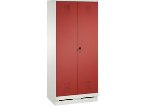 4059096752337 - EVOLO Raumpflege- Geräteschrank verkürzte Trennwand 6 Haken Abteile 2 x 400 mm mit Sockel verkehrsweiß   feuerrot