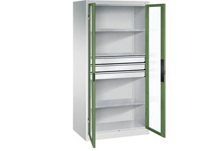 4064615165567 - Sichtfenster-Flügeltürschrank HxBxT 1950 x 930 x 600 mm 3 Fachböden 3 Schubladen lichtgrau   resedagrün