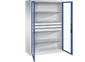 4064615183691 - Sichtfenster-Flügeltürschrank HxBxT 1950 x 1200 x 600 mm 3 Fachböden 3 Schubladen lichtgrau   enzianblau