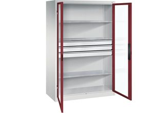 4064615183745 - Sichtfenster-Flügeltürschrank HxBxT 1950 x 1200 x 600 mm 3 Fachböden 3 Schubladen lichtgrau   rubinrot