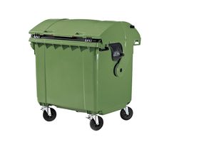 4052939541211 - Müllcontainer aus Kunststoff DIN EN 840 Volumen 1100 l BxHxT 1360 x 1465 x 1100 mm Schiebedeckel Kindersicherung grün ab 5 Stk