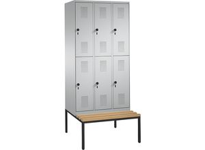 4060061552050 - EVOLO Garderobenschrank doppelstöckig mit Sitzbank 3 Abteile je 2 Fächer Abteilbreite 300 mm weißaluminium   weißaluminium