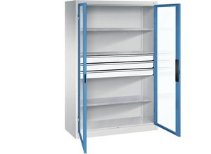 4064615179830 - Sichtfenster-Flügeltürschrank HxBxT 1950 x 1200 x 500 mm 3 Fachböden 3 Schubladen lichtgrau   lichtblau