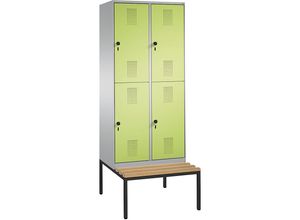 4060061551909 - EVOLO Garderobenschrank doppelstöckig mit Sitzbank 2 Abteile je 2 Fächer Abteilbreite 400 mm weißaluminium   viridingrün