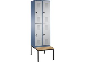 4059369596644 - EVOLO Garderobenschrank doppelstöckig mit Sitzbank 2 Abteile je 2 Fächer Abteilbreite 300 mm fernblau   weißaluminium