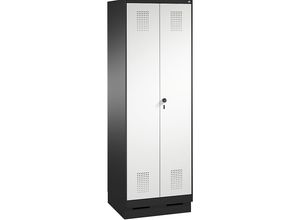 4059096759329 - EVOLO Raumpflege- Geräteschrank verkürzte Trennwand 6 Haken Abteile 2 x 300 mm mit Sockel schwarzgrau   lichtgrau