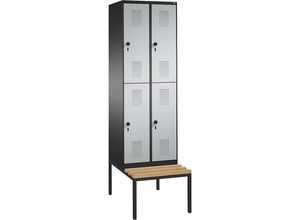 4056211258811 - EVOLO Garderobenschrank doppelstöckig mit Sitzbank 2 Abteile je 2 Fächer Abteilbreite 300 mm schwarzgrau   weißaluminium