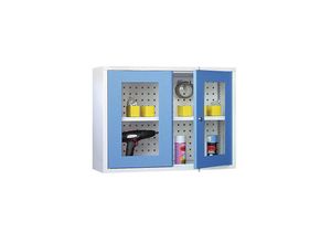 4055479148315 - - Hängeschrank 2 Sichtfenstertüren Rückwand gelocht 1 verstellbarer Boden Zylinderschloss BxTxH 800x300x600 mm ral 7035 5010