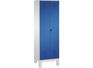 4056211606247 - EVOLO Raumpflege- Geräteschrank verkürzte Trennwand 6 Haken Abteile 2 x 300 mm mit Füßen lichtgrau   enzianblau