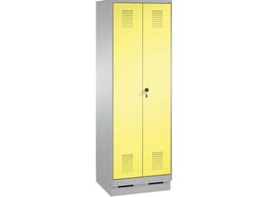 4059096759381 - EVOLO Raumpflege- Geräteschrank verkürzte Trennwand 6 Haken Abteile 2 x 300 mm mit Sockel weißaluminium   schwefelgelb