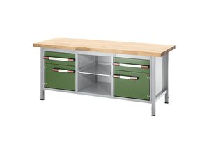 4061753038982 - eurokraft pro Höhenverstellbare Werkbank Gestellbauweise 2 Schubladen 2 Türen 1 Auszugboden Breite 2000 mm lichtgrau   grün