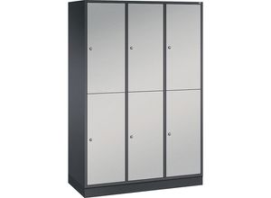 4061261154396 - INTRO doppelstöckiger Stahl-Garderobenschrank BxT 1220 x 500 mm 6 Fächer Korpus schwarzgrau Türen weißaluminium