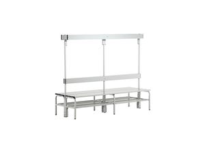 4030426153321 - Sypro Umkleidebank mit Aluminiumleisten HxT 1650 x 725 mm doppelseitig Länge 1500 mm 12 Haken lichtgrau Schuhrost