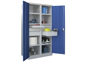 4055479854278 - - Schwerlastschrank Vollblechtüren mit Trennwand 6 beschichtete Böden Schubl 2x752x125 2x175 mm BxTxH 1040x630x1950 mm ral 7035 5010