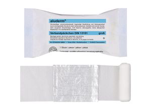 4250108803300 - aluderm ® Verband 10 cmx4 m (BxL) ® 10 cm x 4 m (B x L) Maße Kompresse 12 x 10 cm (B x L) Polyestervlies aluminiumbedampft