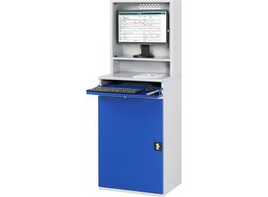 4040376921383 - Computer-Arbeitsstation Monitorgehäuse 2 Ausziehböden Breite 650 mm lichtgrau   enzianblau