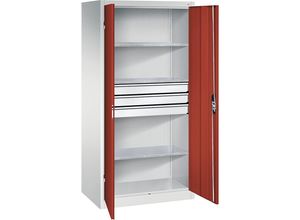 4064615164232 - Werkstatt-Flügeltürschrank mit Schubladen BxT 930 x 600 mm 3 Fachböden lichtgrau   rubinrot