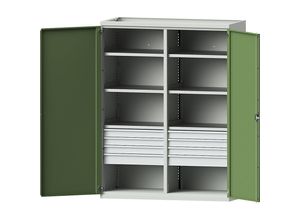 4014641095710 - eurokraft pro Schwerlastschrank JUMBO aus Stahlblech 6 Fachböden Schubladen 6 x 90 mm 2 x 120 mm hoch lichtgrau resedagrün