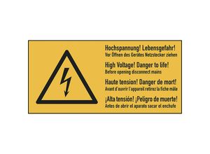 4061466044119 - Mehrsprachige Kombischilder mit Text für Elektroeinsatzbereiche Hochspannung! Lebensgefahr! Vor Öffnen des Gerätes Netzstecker ziehen VE 10 Stk Folie LxH 100 x 50 mm