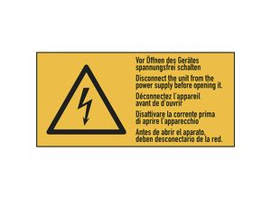 4061466044133 - Mehrsprachige Kombischilder mit Text für Elektroeinsatzbereiche Vor Öffnen des Gerätes spannungsfrei schalten VE 10 Stk Folie LxH 100 x 50 mm