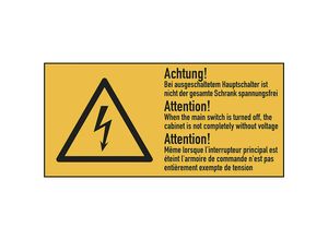 4061466044201 - Mehrsprachige Kombischilder mit Text für Elektroeinsatzbereiche Achtung! Bei ausgeschaltetem Hauptschalter ist nicht der gesamte Schrank spannungsfrei VE 10 Stk Folie LxH 100 x 50 mm