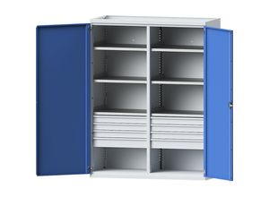 4014641095635 - eurokraft pro Schwerlastschrank JUMBO aus Stahlblech 6 Fachböden Schubladen 6 x 90 mm 2 x 120 mm hoch lichtgrau lichtblau