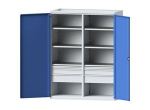 4014641095628 - eurokraft pro Schwerlastschrank JUMBO aus Stahlblech 6 Fachböden Schubladen 2 x 60 mm 2 x 120 mm 2 x 180 mm hoch lichtgrau lichtblau