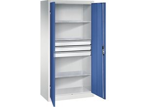 4063332748527 - Werkstatt-Flügeltürschrank mit Schubladen BxT 930 x 500 mm 3 Fachböden lichtgrau   enzianblau