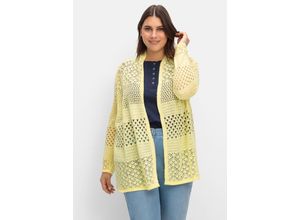 4064776234836 - Große Größen Strickjacke mit Ajourmuster in offener Form hellgelb Gr48