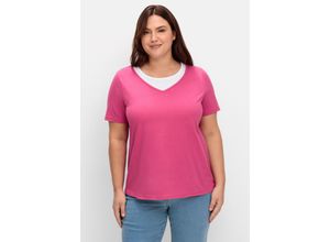 3800979044343 - Große Größen Kurzarmshirt in Layeroptik mit Ziernieten fuchsia Gr44