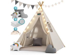 4251777202852 - Tipi Zelt für Kinder Indoor 130x130cm Set mit Bodenmatte Kinderzelt Lichterkette Girlande Kissen Spielzelt Baumwolle Holz Tragetasche weiß - Spielwerk