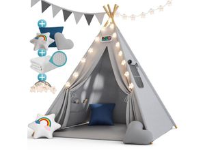 4251777202876 - Tipi Zelt für Kinder Indoor 130x130cm Set mit Bodenmatte Kinderzelt Lichterkette Girlande Kissen Spielzelt Baumwolle Holz Tragetasche blau - Spielwerk