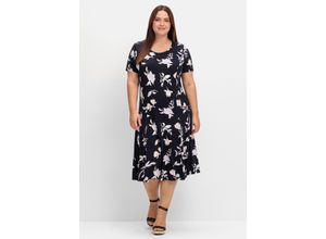 8680851236364 - Große Größen Jerseykleid in A-Linie mit Blütenprint marine gemustert Gr40