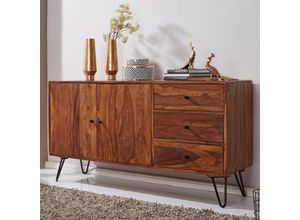 4250950287181 - Finebuy - Sideboard FB51420 Sheesham Massivholz 145x75x40 cm Landhaus Kommode Design Anrichte mit 3 Schubladen & 2 Türen Hohe Schubladenkommode