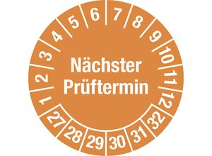 4061466114317 - Nächster Prüftermin Mehrjahreszahlen Dokumentenfolie für ölhaltige Untergründe Ø 30 mm VE 10 Stk 27 - 32 orange