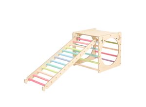 4751038481045 - Katehaa - Activity Cube   Holzwürfel aus Holz mit Leiter Pastellfarben Indoor Klettergerüst für Kinder Montessori Spielzeug - Braun