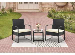 4262386282289 - Casual-Set 3 tlg Balkonset Sitzgruppe HGS44-BEI schwarzes Rattan mit Sitzkissen in beige