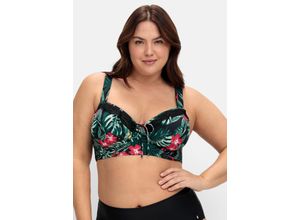 4063136982226 - Große Größen Bikini-Oberteil mit Volants und Tropical Print schwarz bedruckt Gr48E