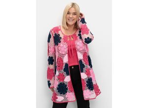 4063137030070 - Große Größen Lange Strickjacke in Häkeloptik mit Blütenmuster magenta gemustert Gr56 58