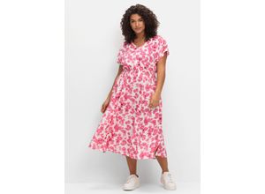 4063137031985 - Große Größen Kleid mit Blumenprint und Smokbund magenta gemustert Gr56