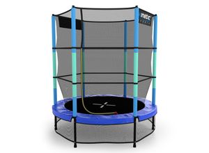 4260495750408 - KINETIC SPORTS Kinder Trampolin JUMPER 140 cm - Inklusive Gummiseil Federung Sicherheitsnetz mit Reißverschluss Rahmenpolster Schutz Bodennetz - Indoor Kindertrampolin Spielzeug Blau